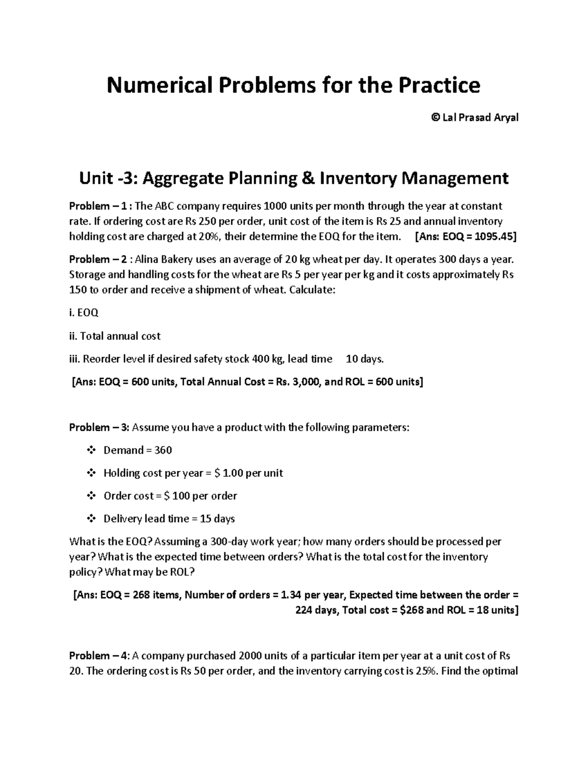 Numerical Problems for Practice in OM: Aggregate Planning & Inventory Management - Studocu