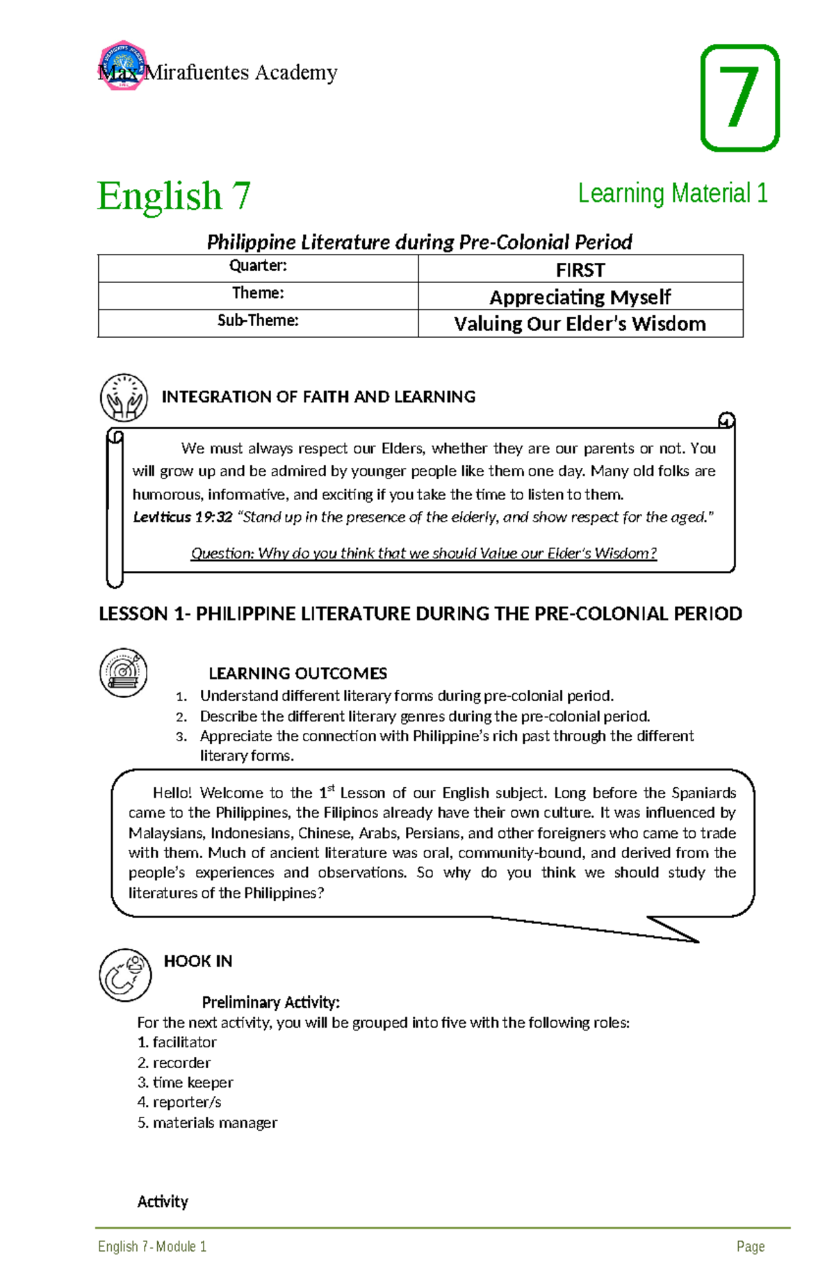 English 7 Module 1: Exploring Philippine Literature Pre-Colonial Era ...