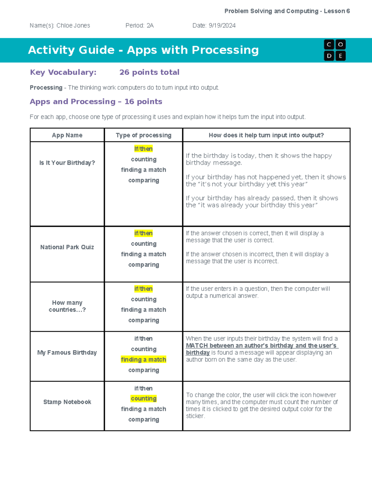 U1L06 - Lesson 6 Activity Guide: Apps & Processing Explained - Studocu