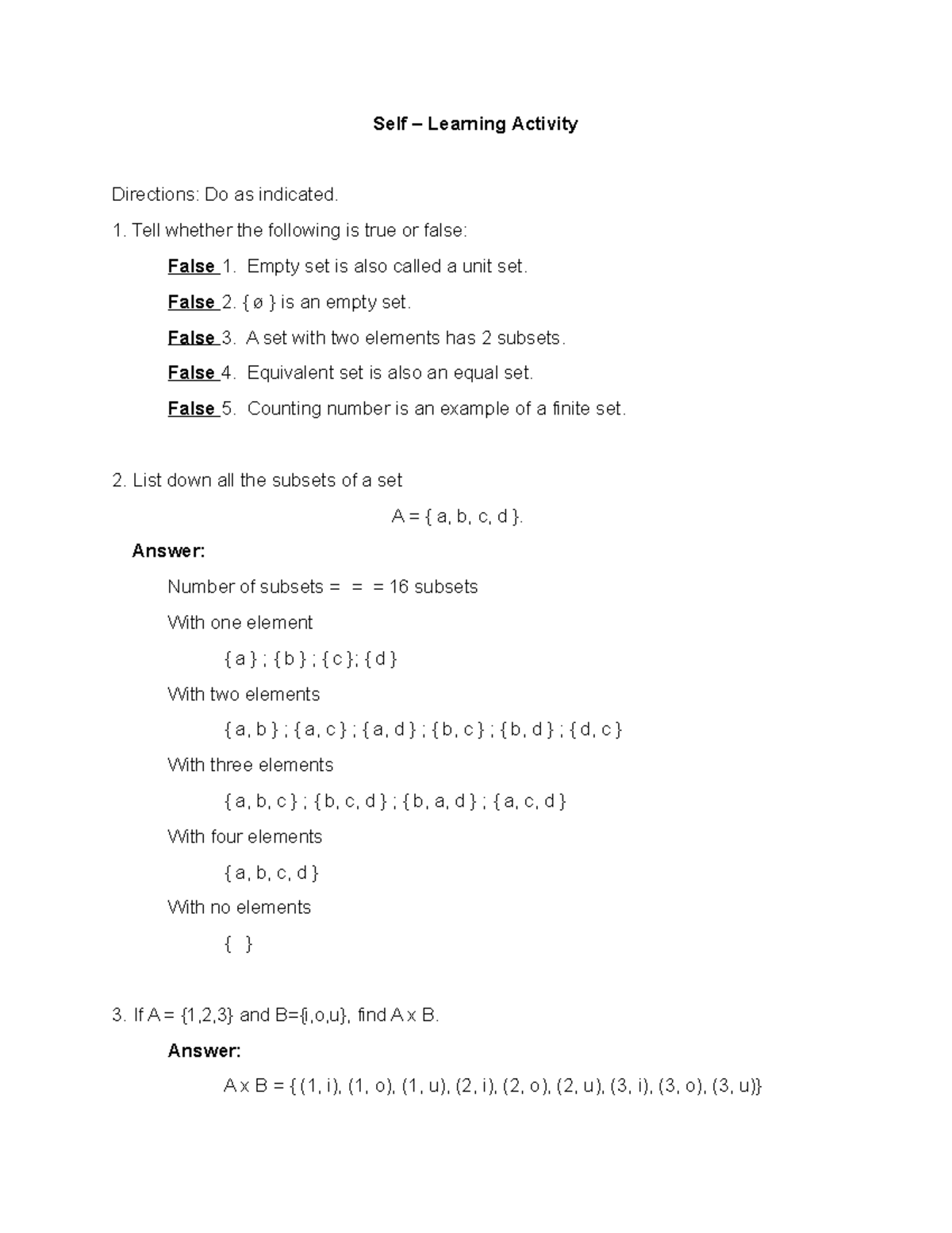 MMW SELF Learning Activity: Exercises on Set Theory and Subsets - Studocu