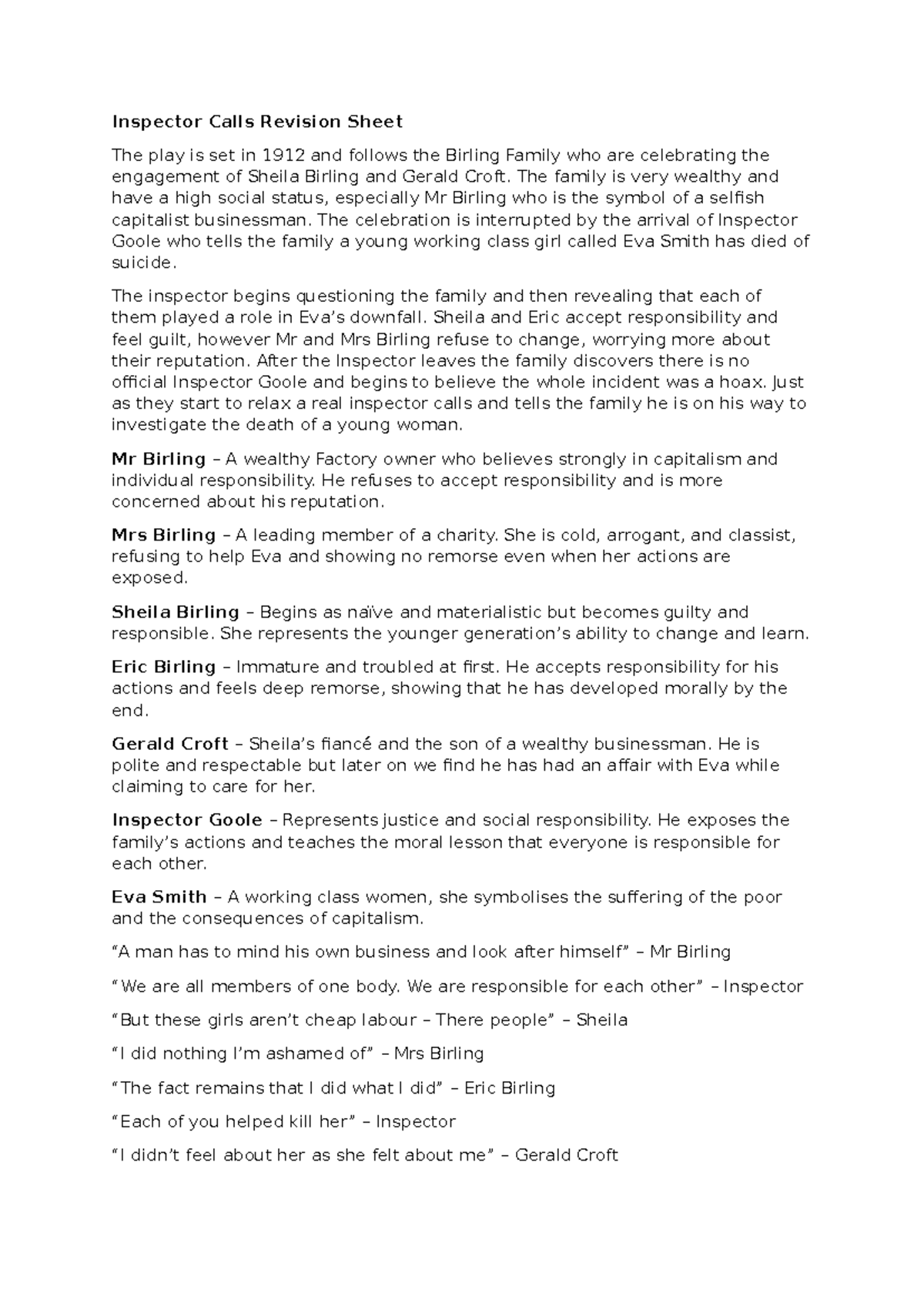 An Inspector Calls Revision Notes: Key Themes & Characters - Studocu