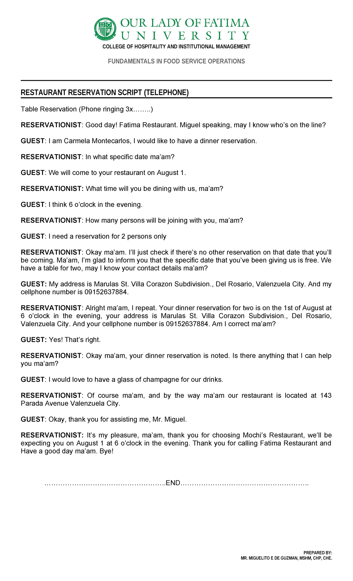 FFSO-2024- Scripts - FUNDAMENTALS IN FOOD SERVICE OPERATIONS RESTAURANT RESERVATION SCRIPT - Studocu