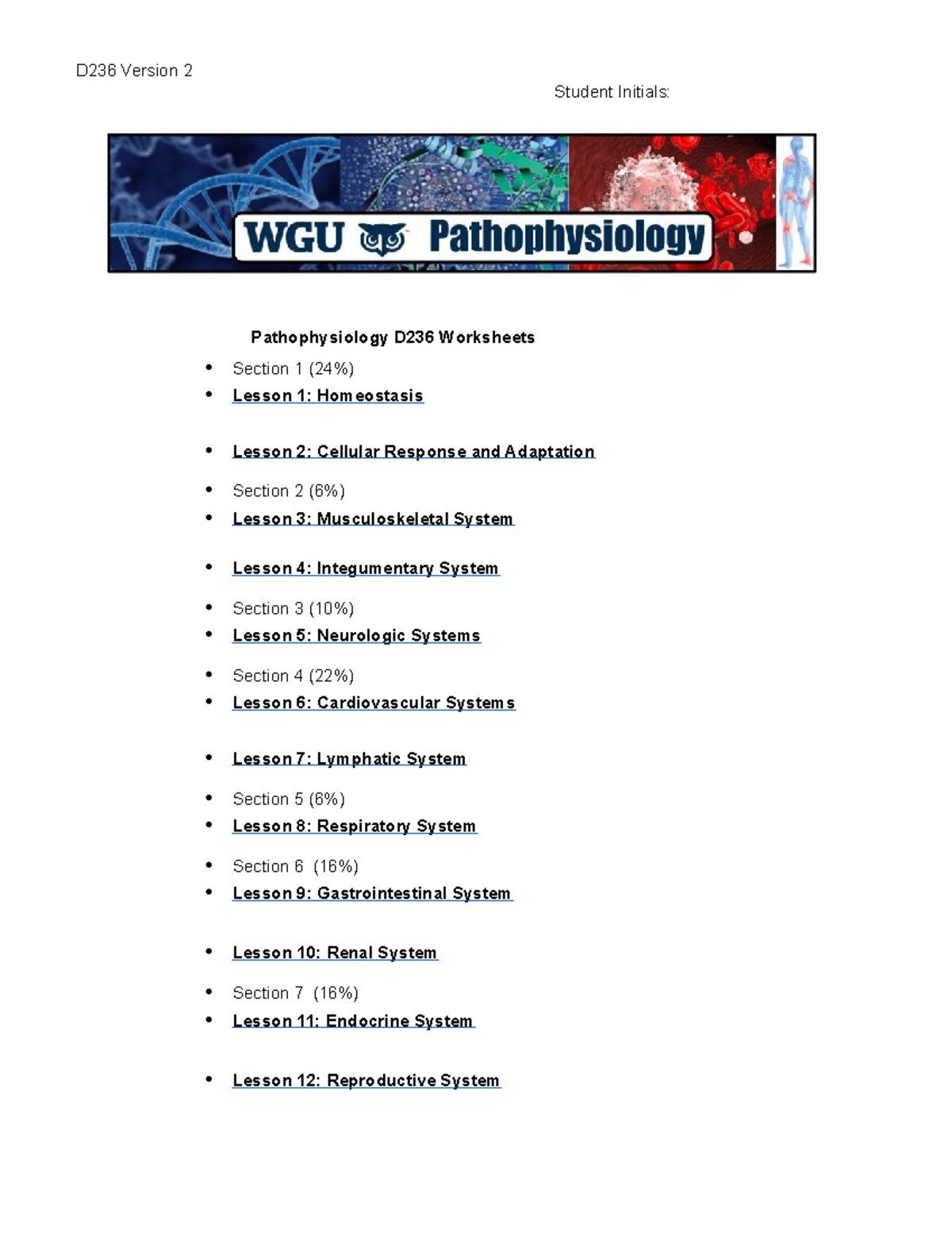 Pathophysiology D236 Worksheet Packet: Lessons on Homeostasis ...