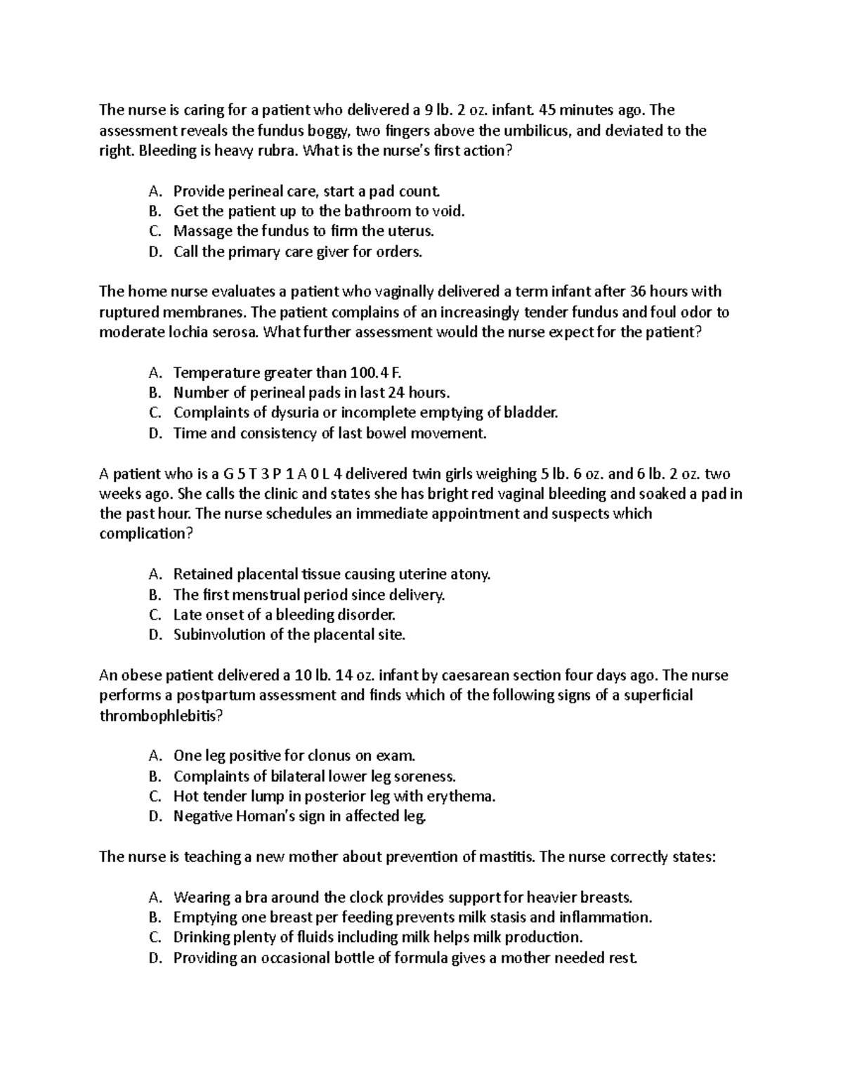 Postpartum Practice Exam-1: Essential Assessment Questions and Answers ...