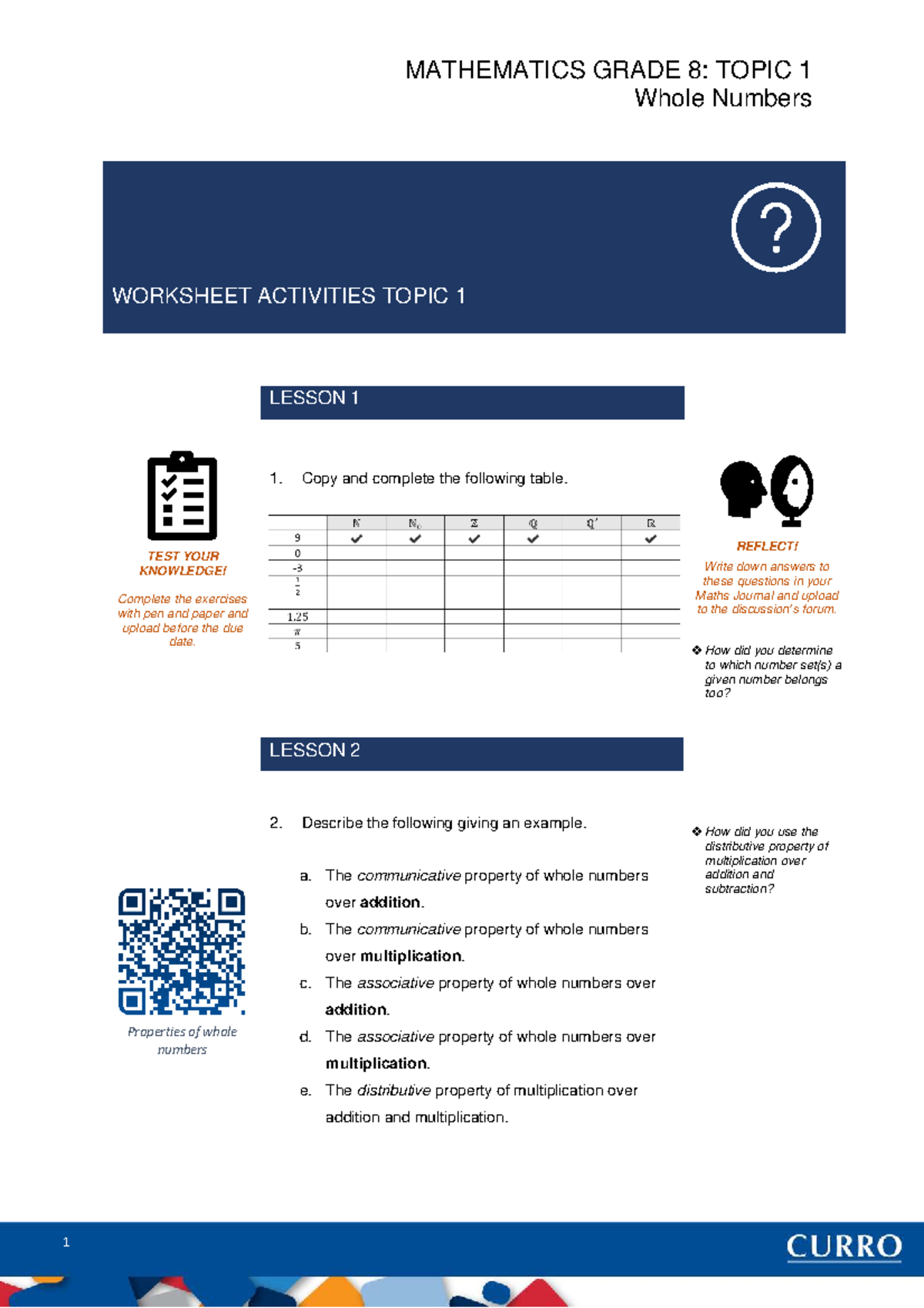 MATHEMATICS GRADE 8: TOPIC 1 Whole Numbers Worksheet Activities - Studocu