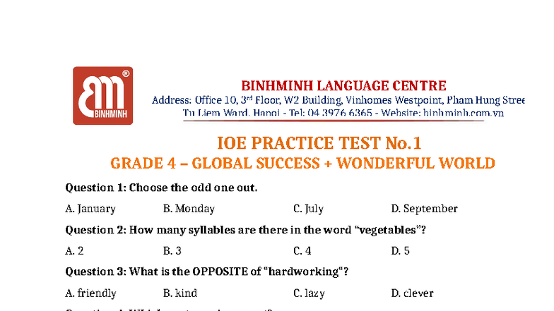 IOE PRACTICE TEST No.1 GRADE 4 - ĐỀ SỐ 01 - Studocu