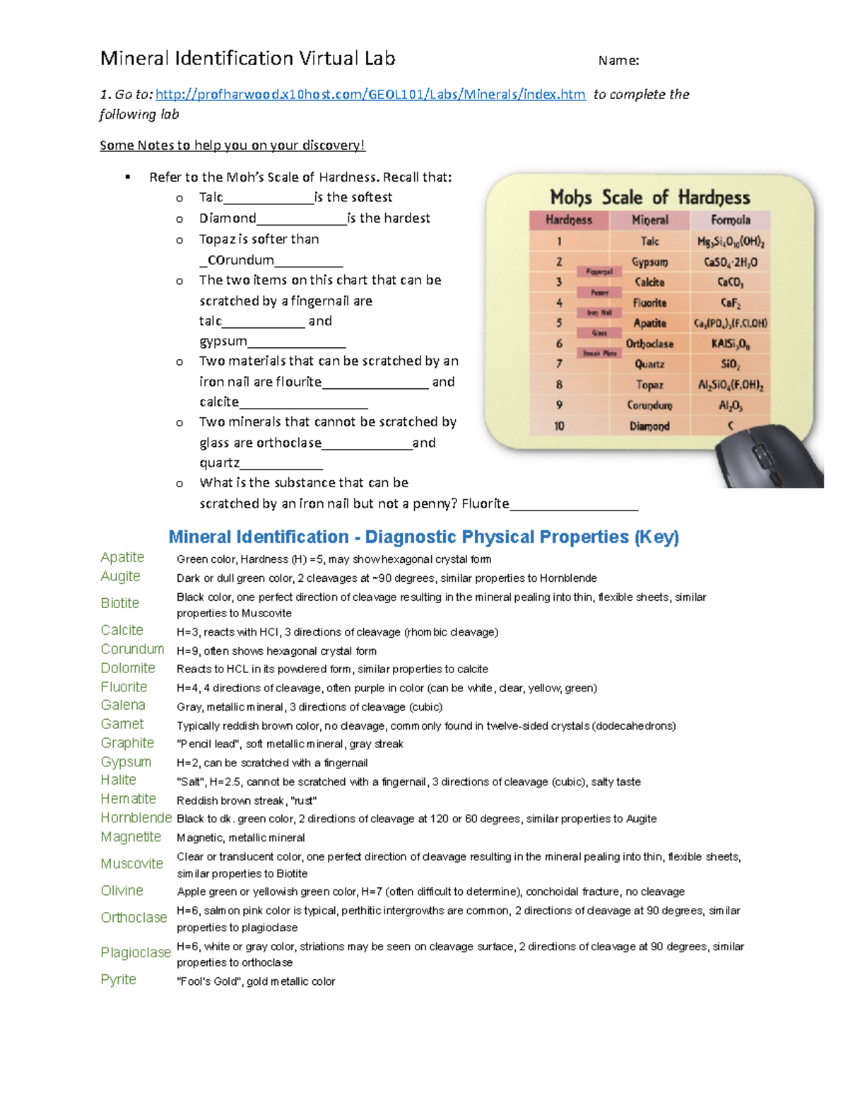 GEOL101 Mineral Identification Lab: Key Diagnostic Properties Guide ...