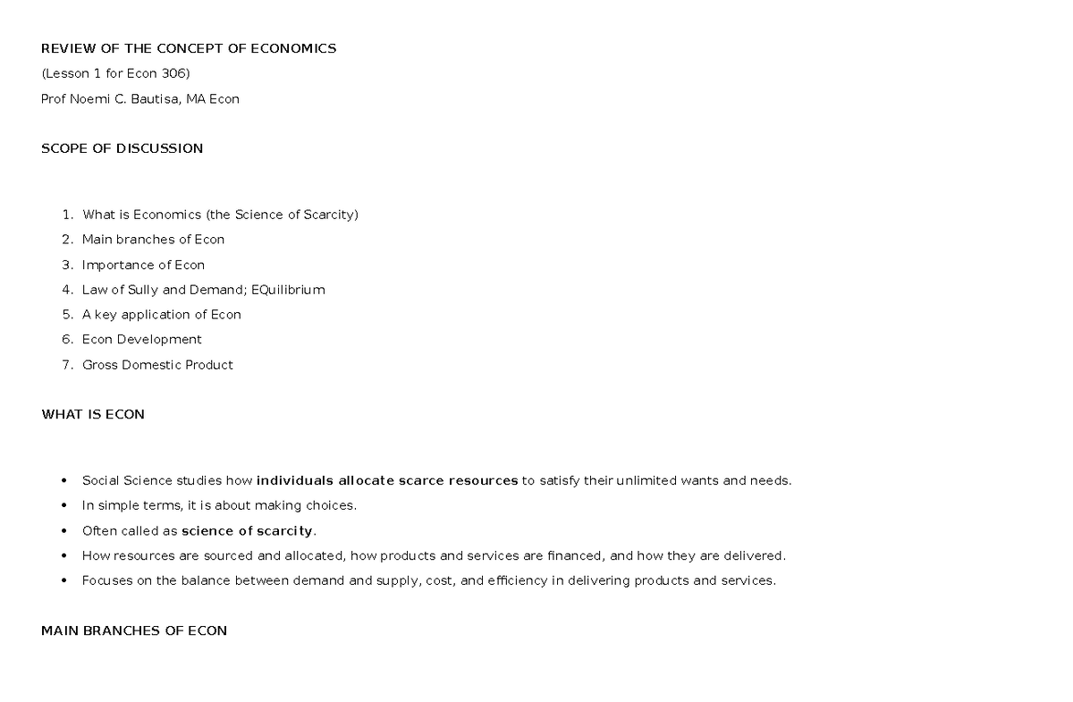 Review OF THE Concept OF Economics - REVIEW OF THE CONCEPT OF ECONOMICS (Lesson 1 for Econ 306 ...