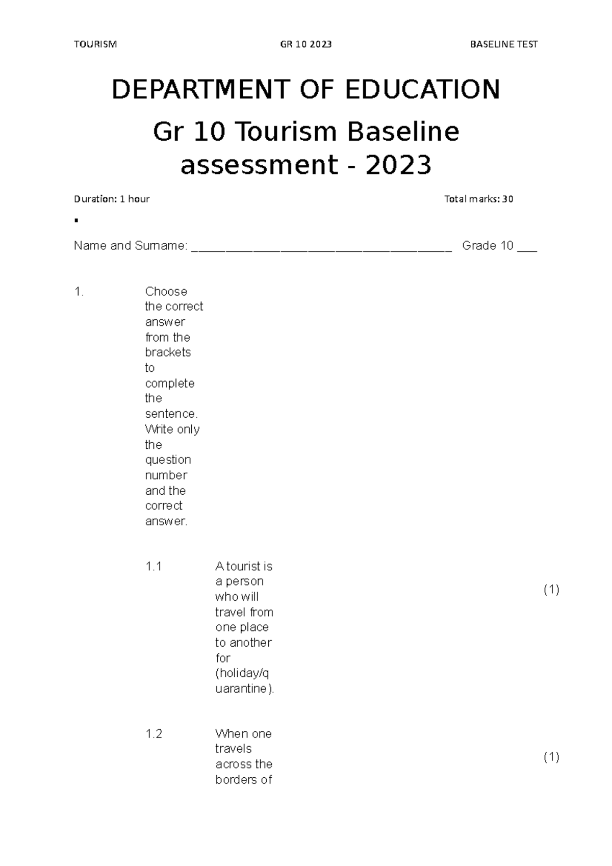 Gr 10 Tourism Baseline Assessment - January 2023 (Duration: 1h, 30 ...