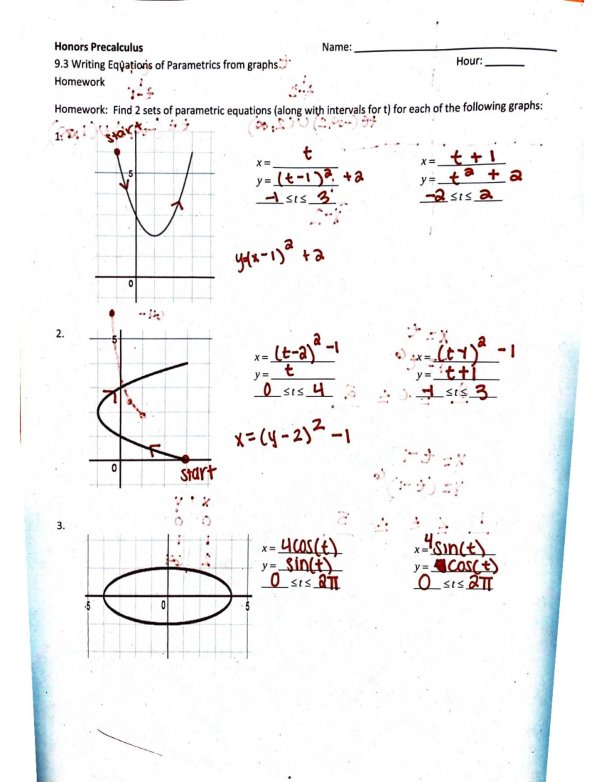 Honors Precalculus 9.3 Homework: Parametric Equations from Graphs - Studocu