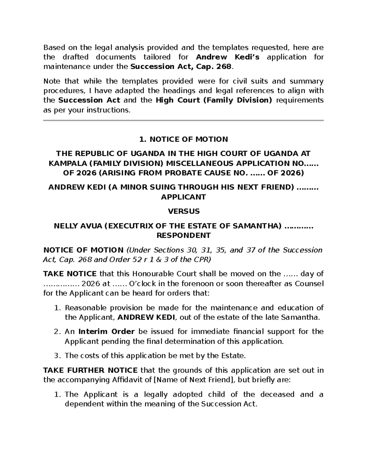 Maintenance of Children: Legal Drafts for Andrew's Application under ...