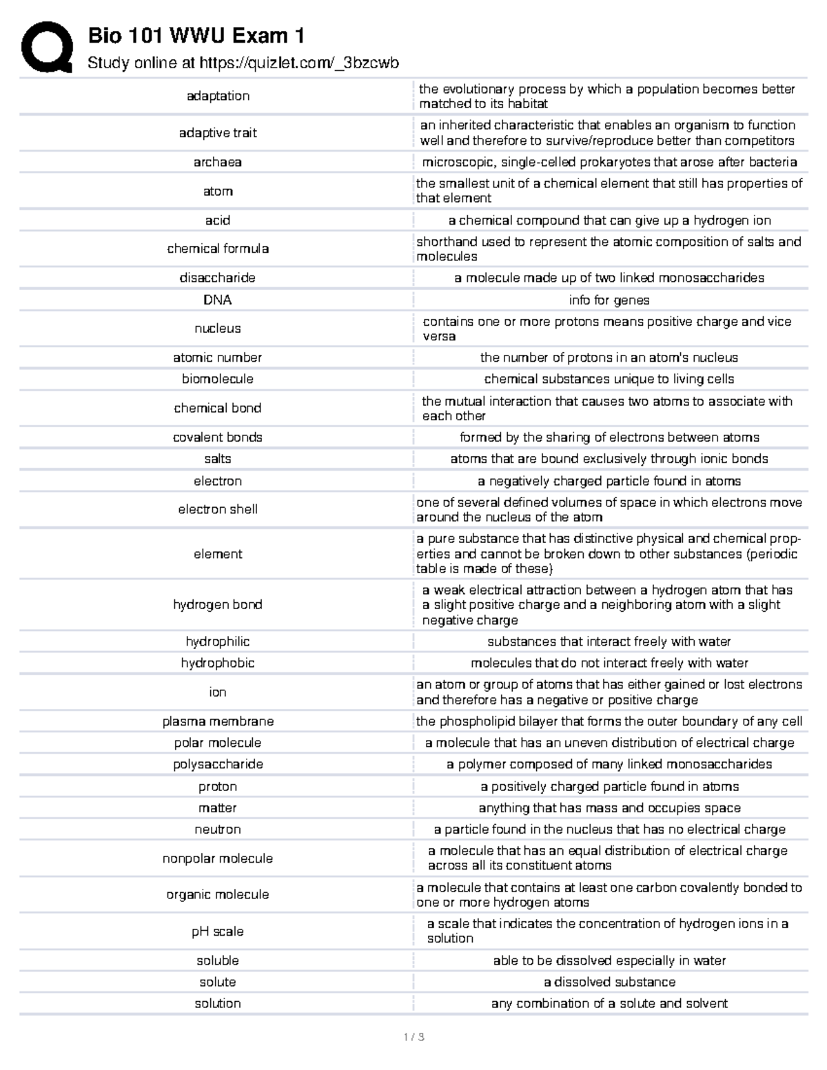 Bio cheat sheet - terms for exam 1 - Bio 101 WWU Exam 1 Study online at ...