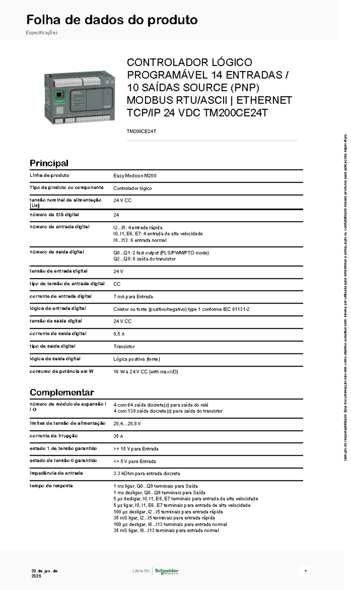 TM200CE24T - Folha de Dados do Controlador Lógico Programável - Studocu