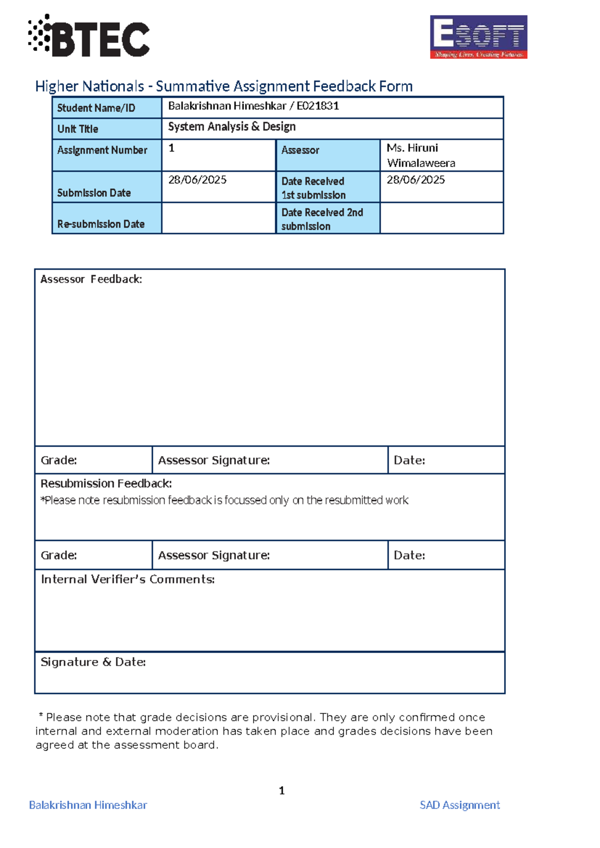 Unit 35: System Analysis and Design Assignment Feedback Form - Studocu