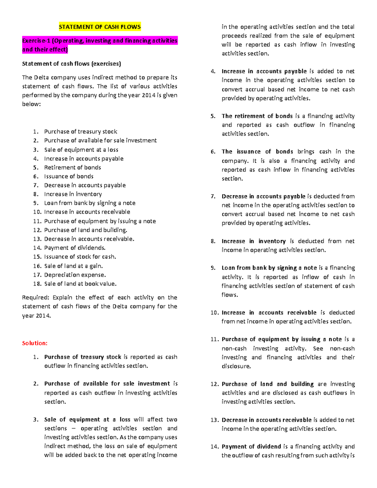 (d) Exercises & Solutions on Statement of Cash Flows: Comprehensive ...