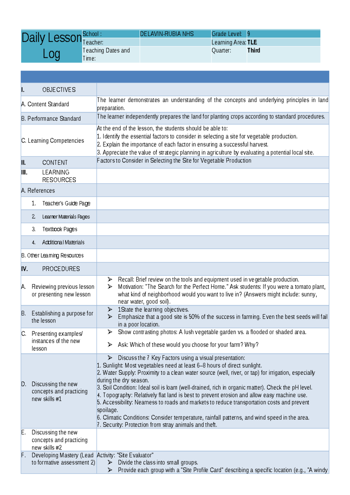 Copy of Daily Lesson Log (DLL) TLE-1 073820: Site Selection for ...
