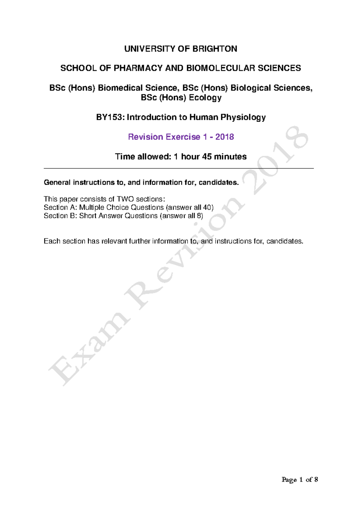 Exam 2018 - Endocrine and nervous systems - UNIVERSITY OF BRIGHTON ...
