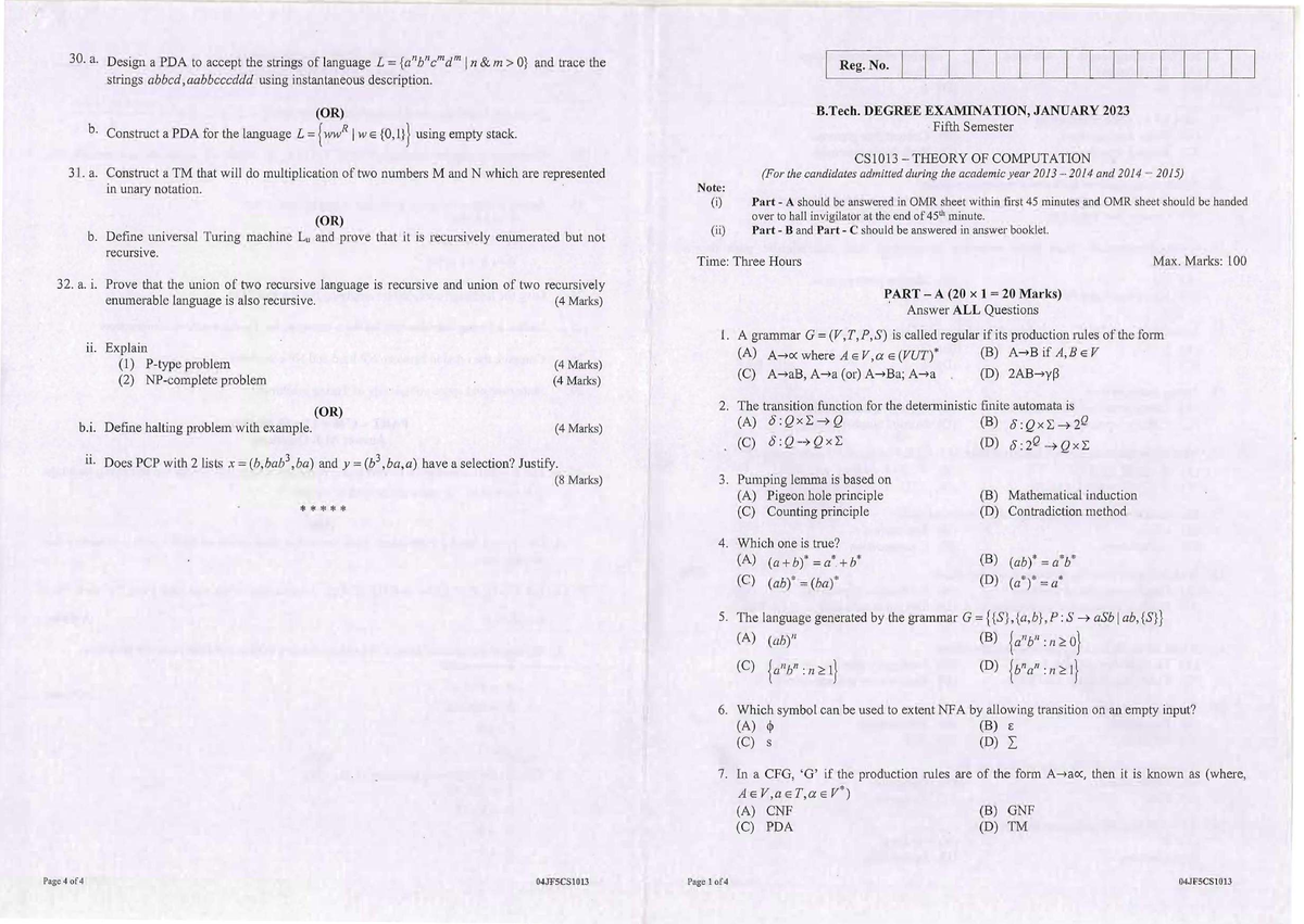 Automata Theory Previous Year Questions - B.Tech CSI013 - Studocu