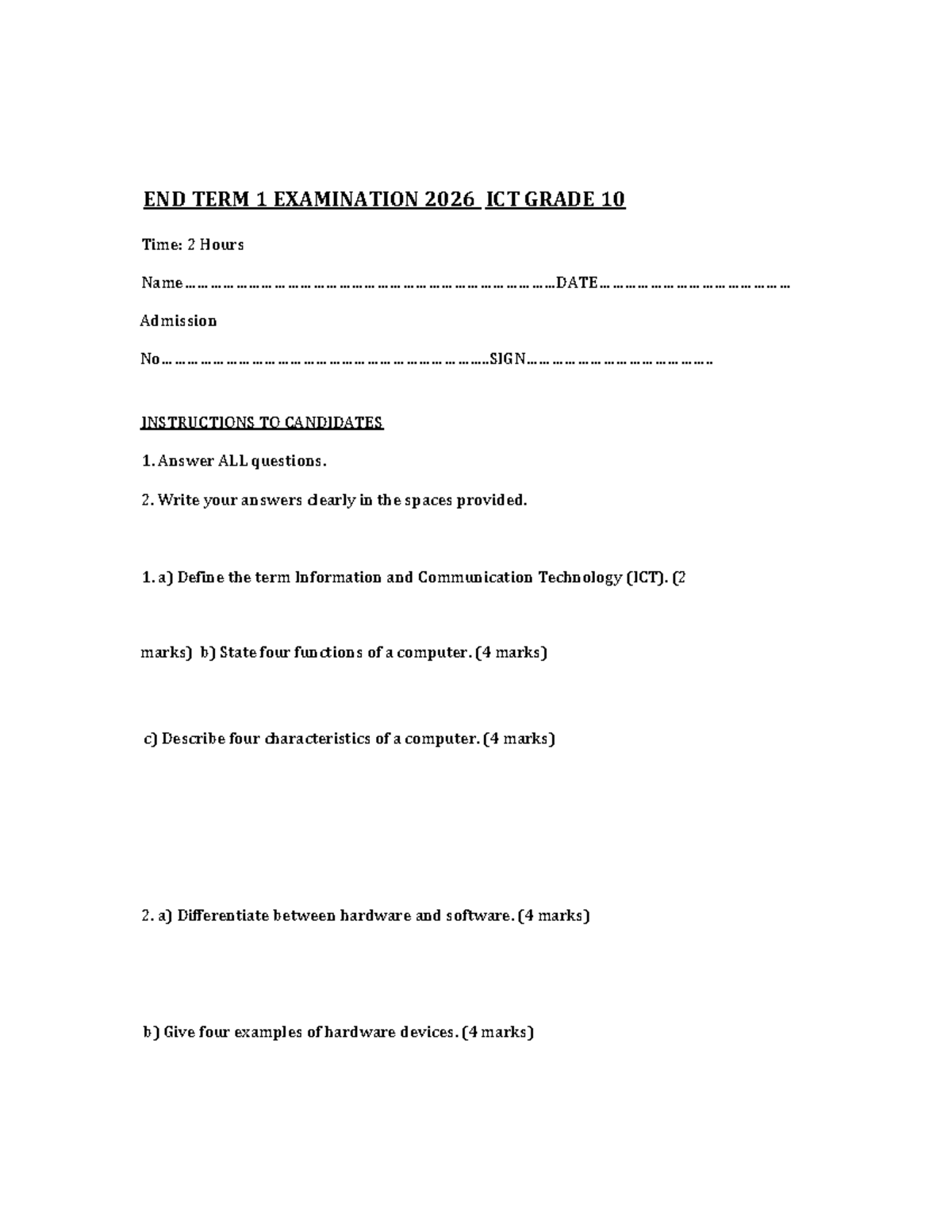 ICT Grade 10 End Term 1 Exam 2026: Comprehensive Review Guide - Studocu