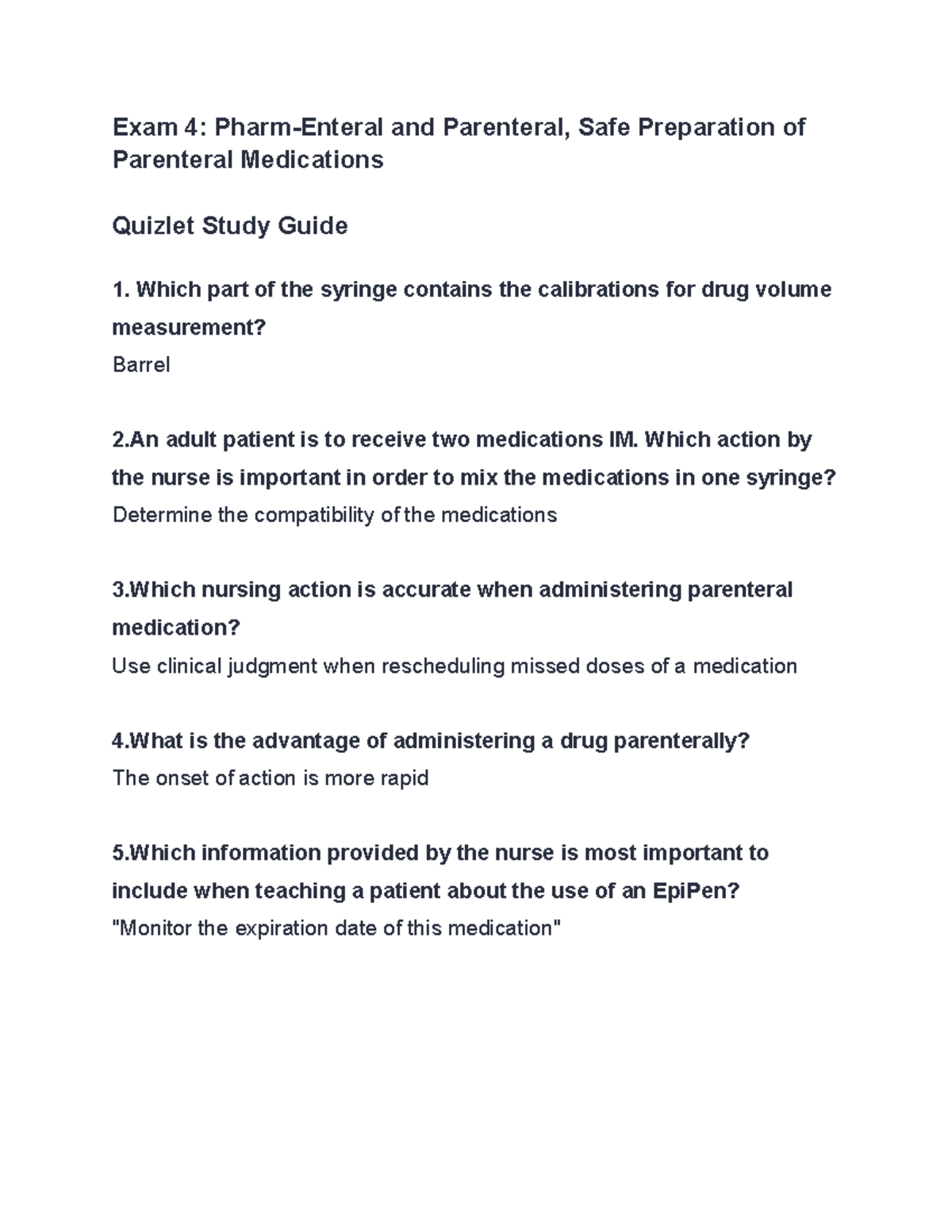 Exam 4: Pharm-Enteral & Parenteral Meds, Safe Preparation Guide - Studocu