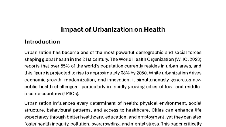 Urbanization and Health: Impacts and Policy Strategies for LMICs - Studocu