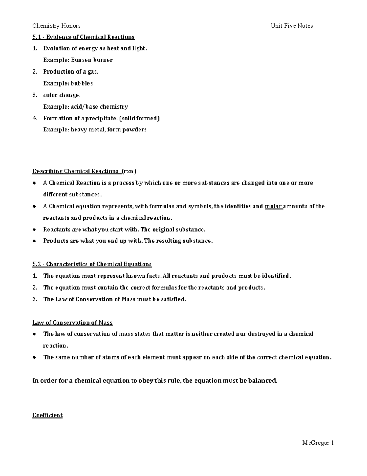 Chemistry Honors Unit 5: Chemical Reactions & Equations Notes - Studocu