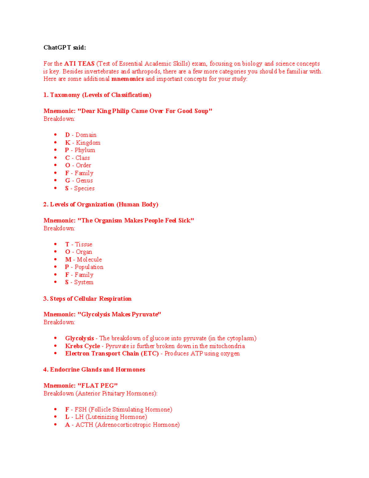 ATI TEAS Biology & Science Mnemonics for Study Success - ChatGPT said ...