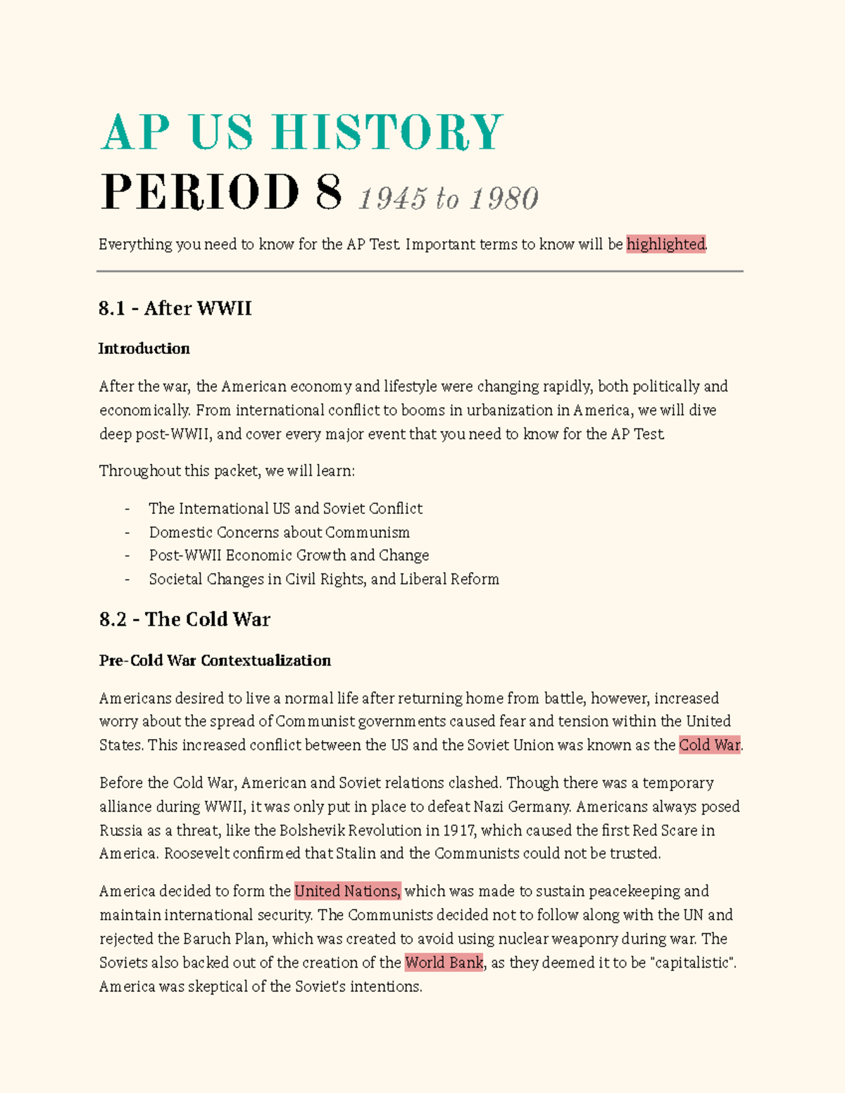 AP US History Period 8 (1945-1980) Comprehensive Notes & Guide - Studocu