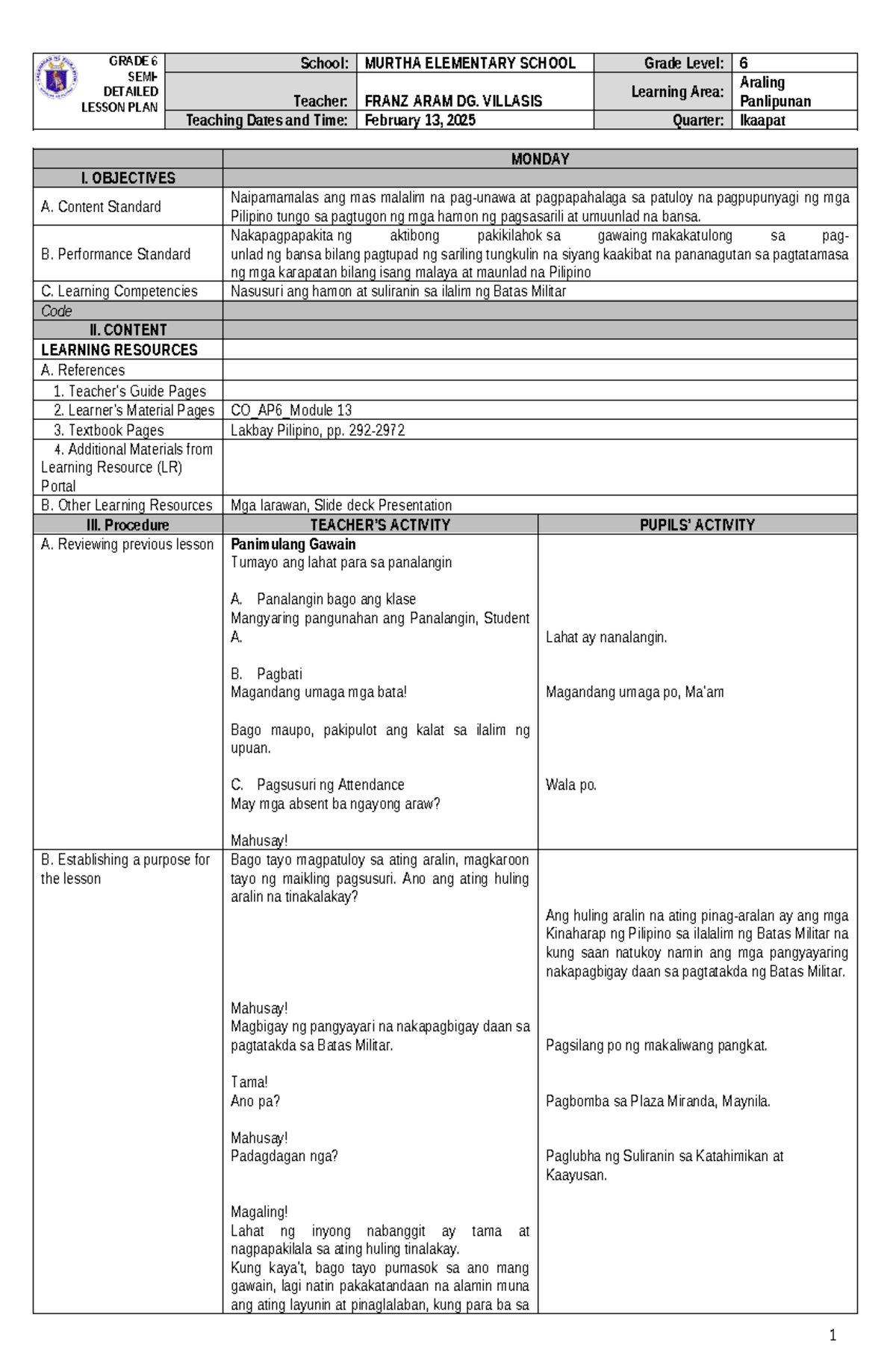 D3-AP-DLP - Semi-Detailed Lesson Plan: Araling Panlipunan Q4 W3 - Studocu