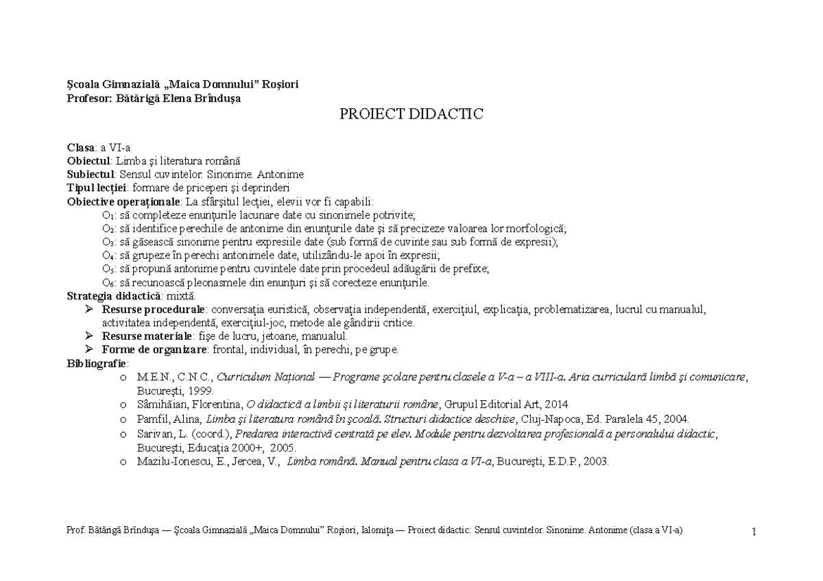 Proiect didactic: Sinonime și antonime în clasa a VI-a - Studocu