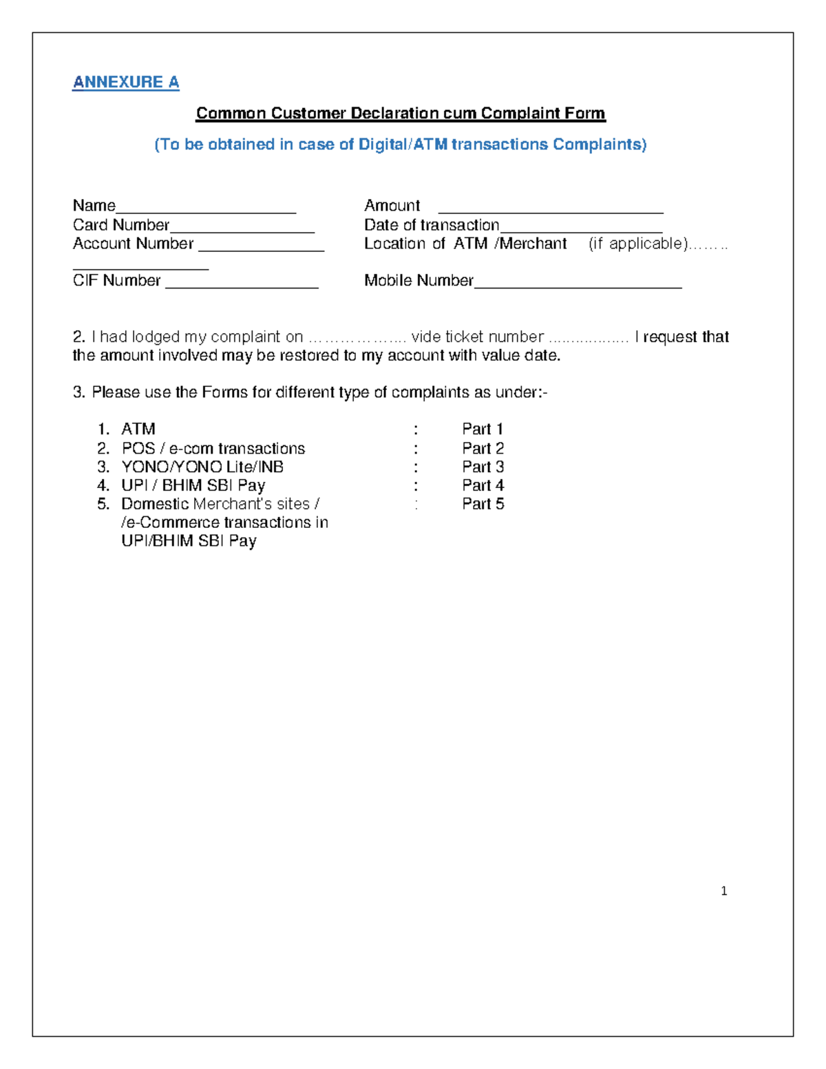 Customer Declaration & Complaint Form for Transaction Issues - Studocu