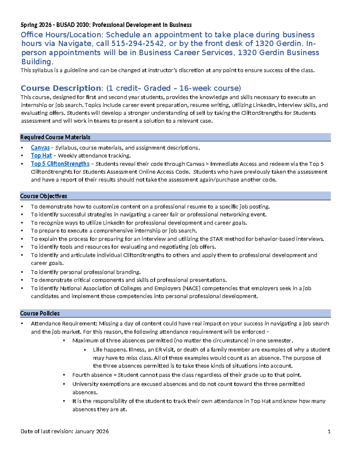 Spring 2026 BUSAD 2030: Professional Development Syllabus - Studocu