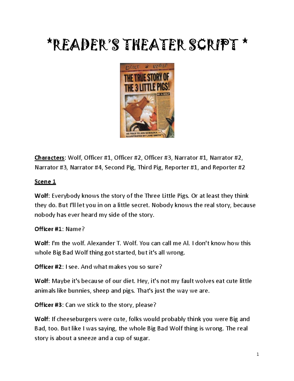 The True Story of the 3 Little Pigs Script - *READER’S THEATER SCRIPT ...