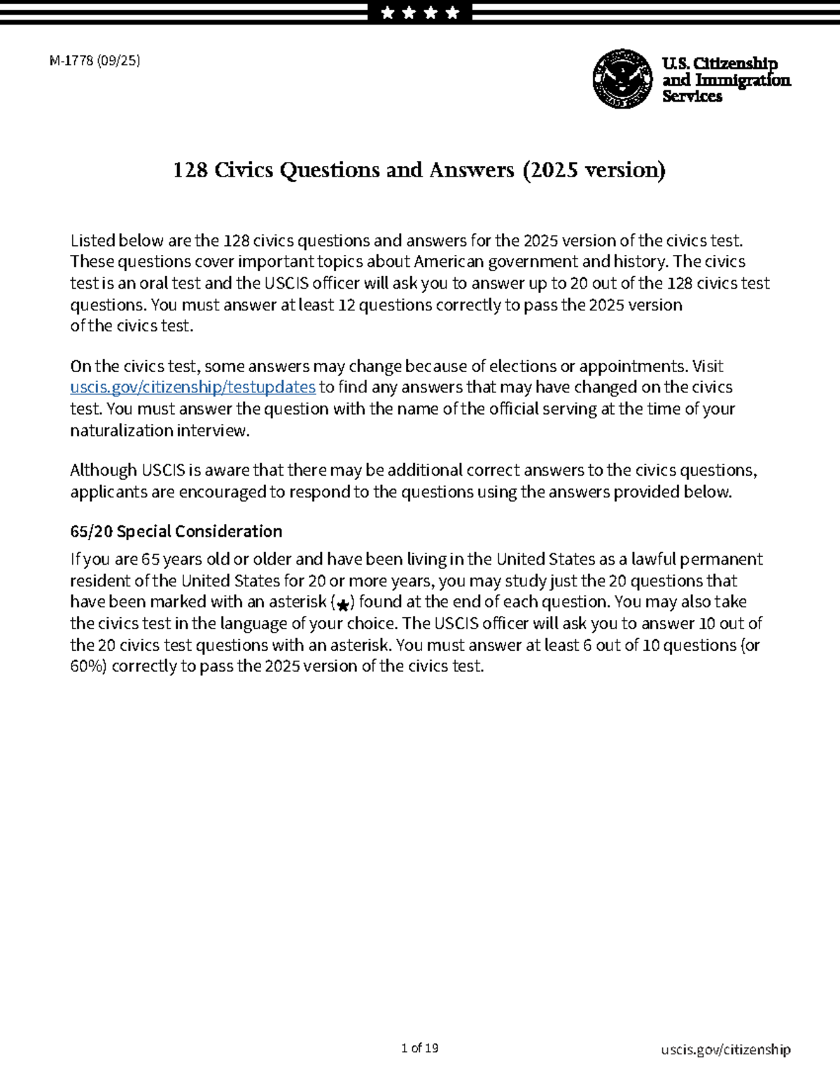 Civics Questions and Answers for the 2025 Naturalization Test - Studocu