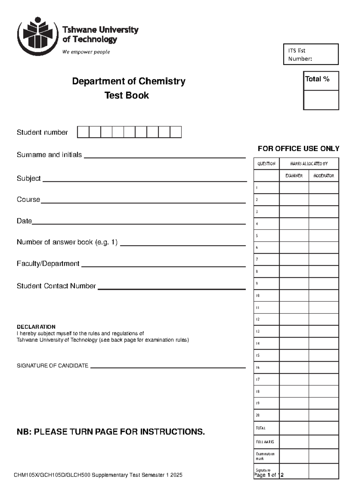 Chemistry Supplementary Test S1 2025 - Memo and Instructions - Studocu