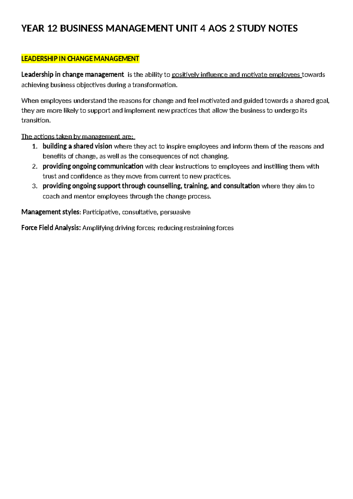 YEAR 12 BUSINESS MANAGEMENT UNIT 4 AOS 2 STUDY NOTES ON LEADERSHIP IN ...
