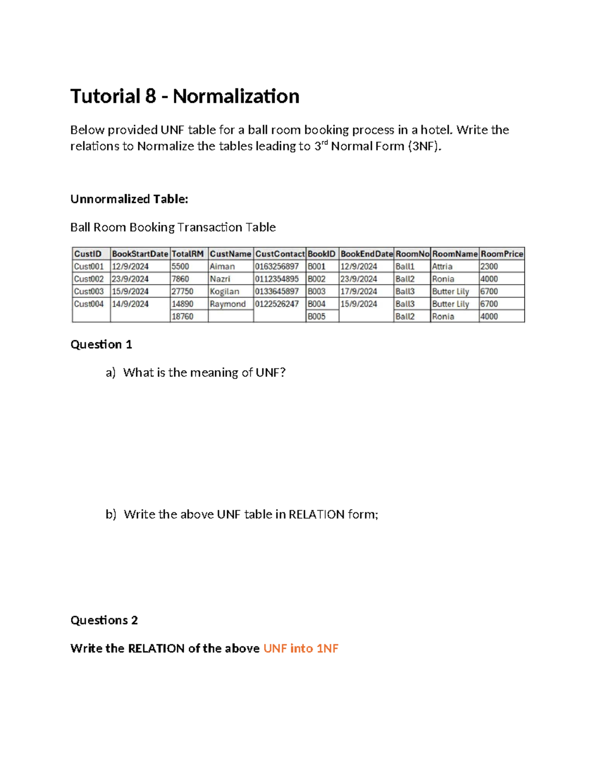 Normalization - Q1 - Assignment Work in Class (Tutorial 8) - Studocu