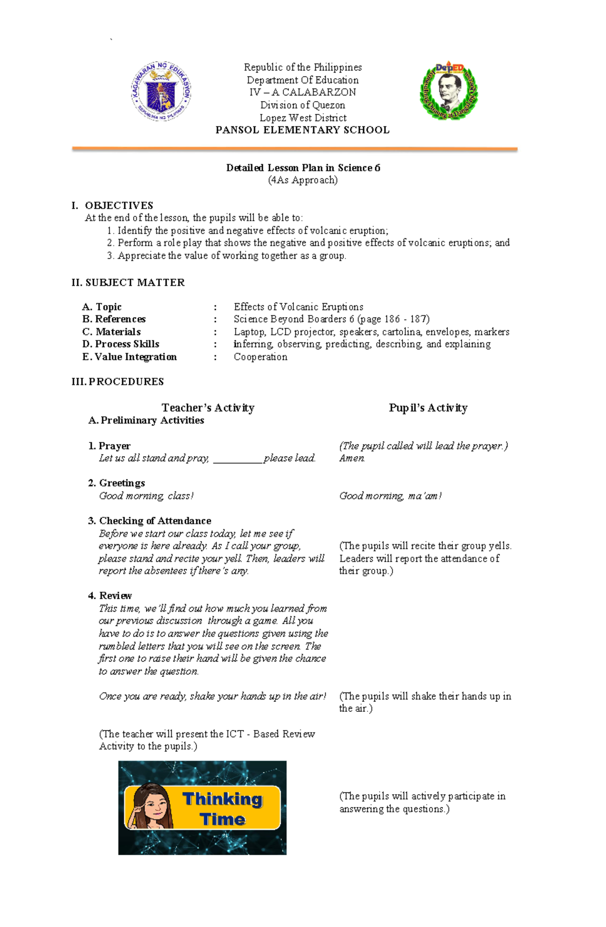 Detailed Lesson Plan (4As) - Effects of Volcanic Eruptions in Science 6 ...