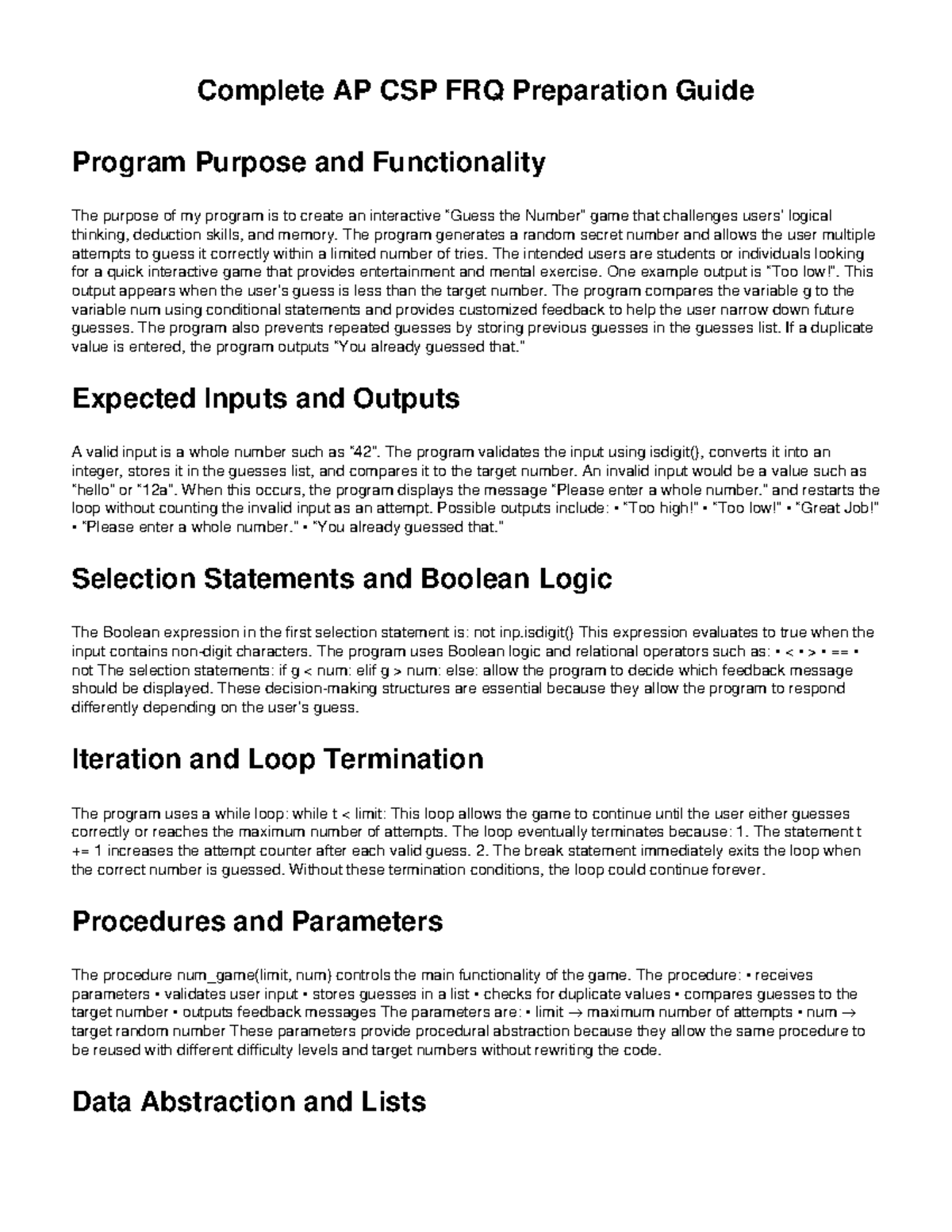 Expanded AP CSP FRQ Prep Guide: Game Logic & Functionality - Studocu