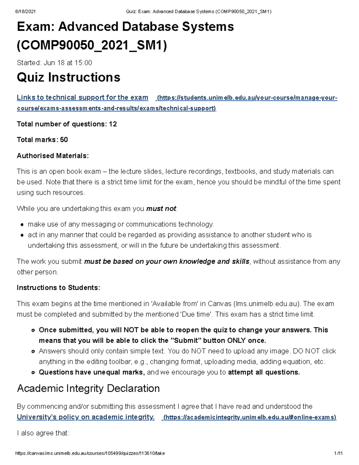 Online Final Exam (COMP90050 2021 SM1) - Exam: Advanced Database ...
