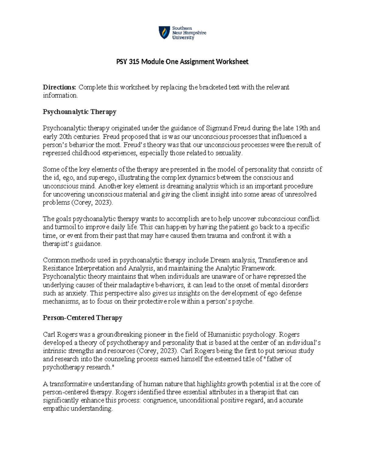 PSY 315 Module One Assignment: Therapy Approaches Overview - Studocu