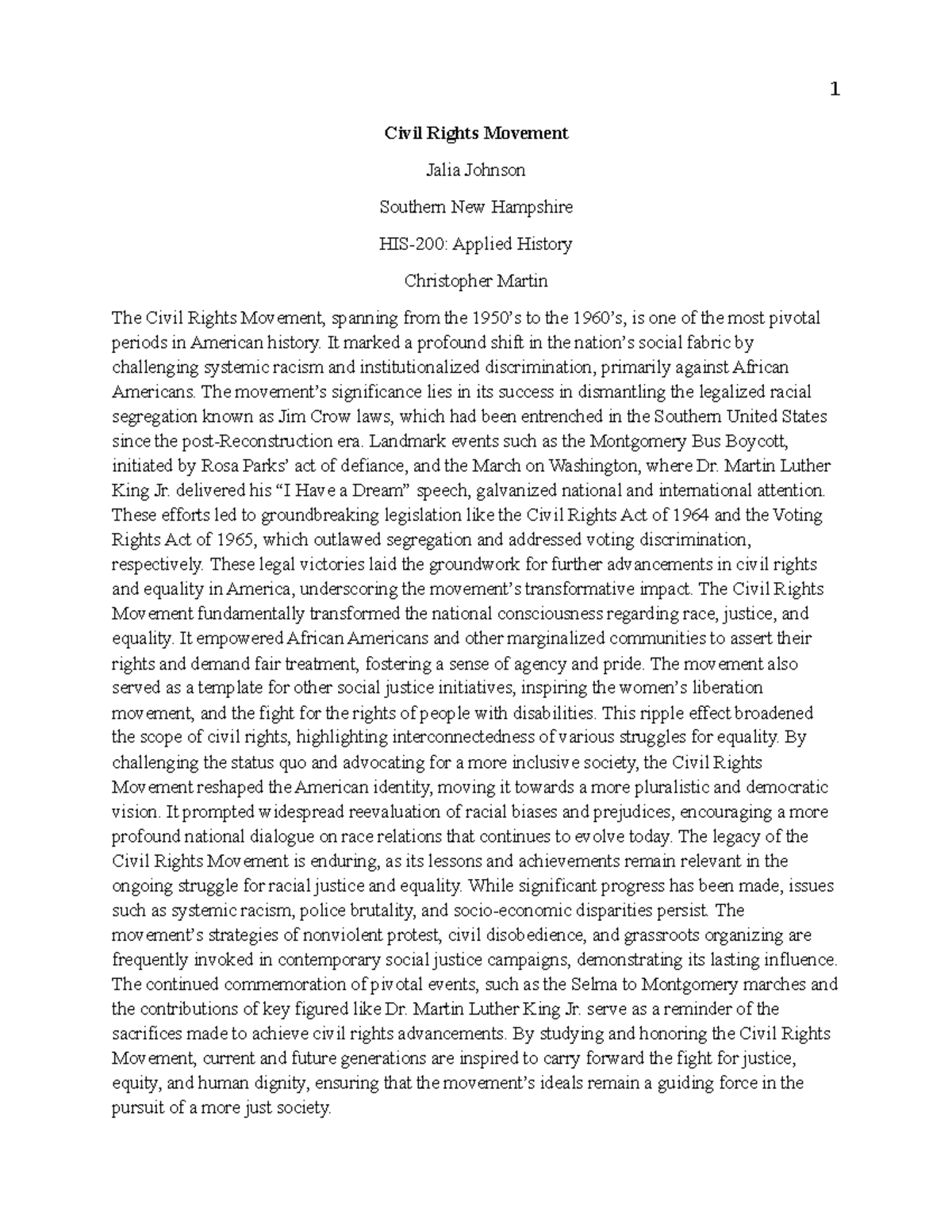 Civil Rights Movement - It's about my essay for this class on the topic ...