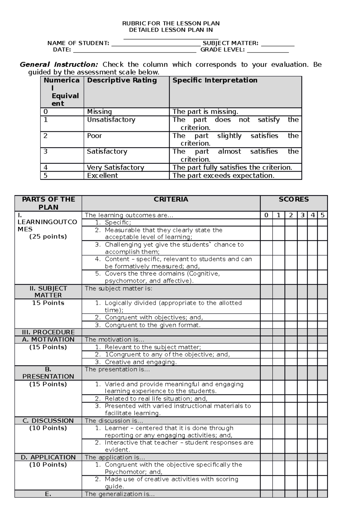 Lesson Plan Rubric and Field Demonstration Evaluation Guide - Studocu