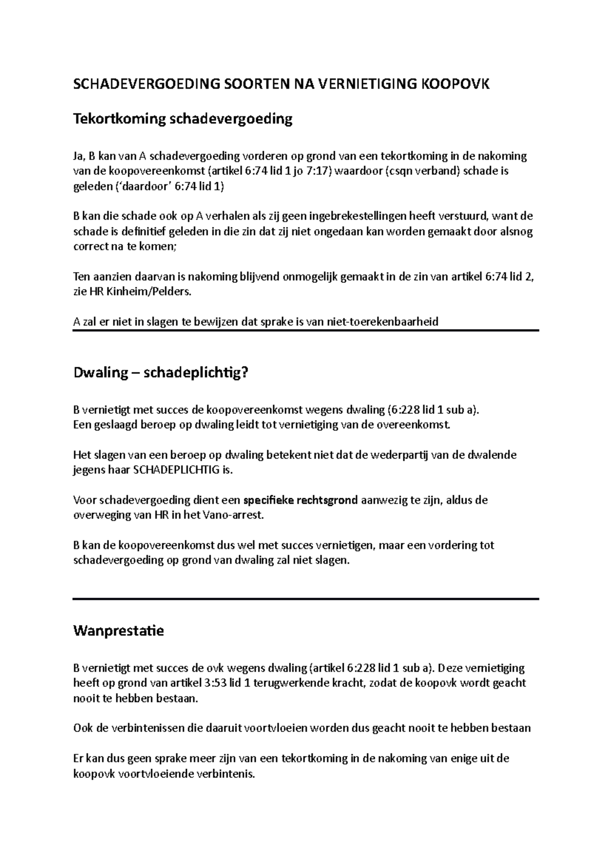 Schadevergoeding Soorten na Vernietiging Koopovereenkomst - Studeersnel