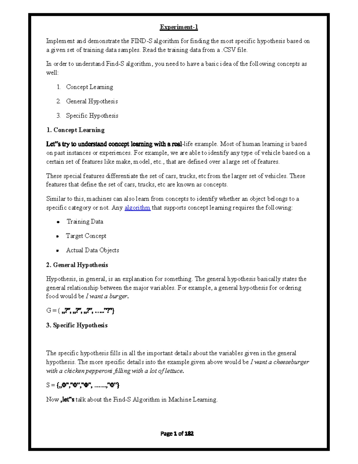 Ml Lab Exp 1 Ml Lab Exp1 Experiment Implement And Demonstrate The Find S Algorithm For