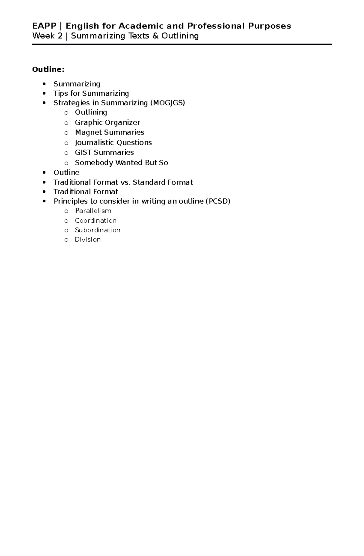 Notes EAPP W2 - Lesson Summary for W2 - Week 2 | Summarizing Texts ...