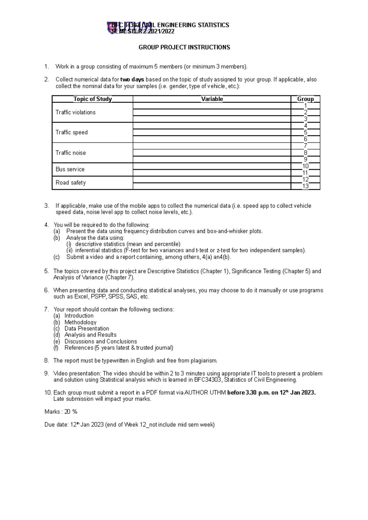 BFC34303 Group Project Instructions for Semester 2 - Due Jan 12, 2023 - Studocu