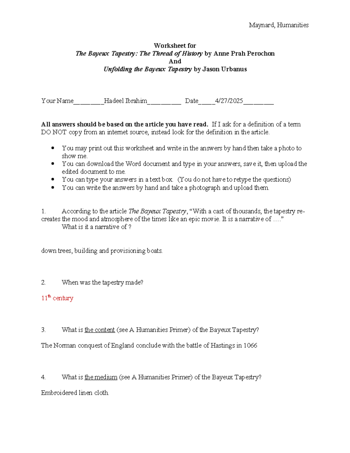 Humanities Worksheet: The Bayeux Tapestry Assignment Notes - Studocu
