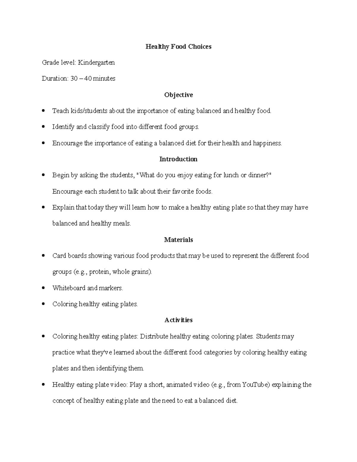 KNDG 101: Healthy Food Choices Lesson Plan for Kindergarten Students ...