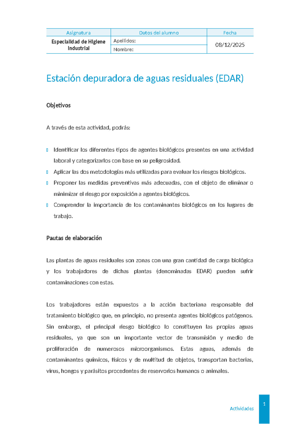 Evaluación de Riesgos Biológicos en EDAR - Higiene Industrial - Studocu